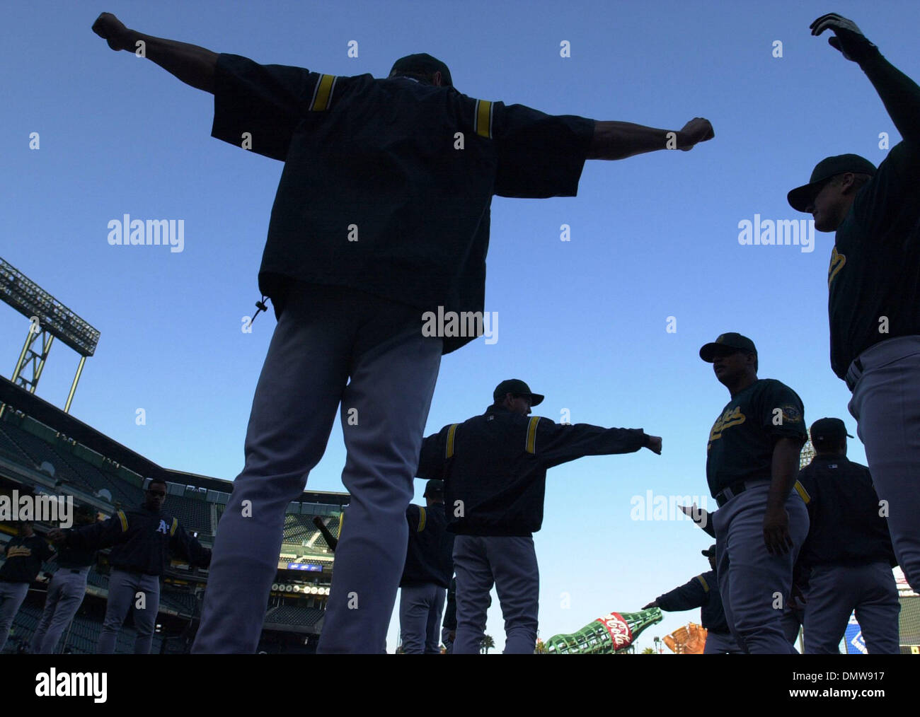 Mar 28, 2002; San Francisco, CA, USA; Oakland A's players do warm-ups ...