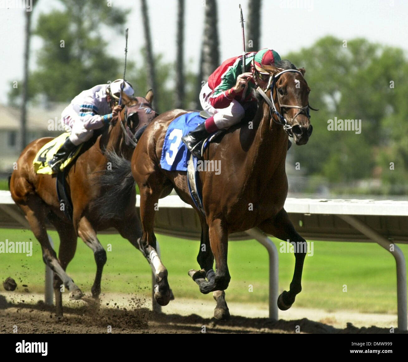 Jun 28, 2002; Pleasanton, CA, USA; Jockey Russell Baze (cq) (right ...