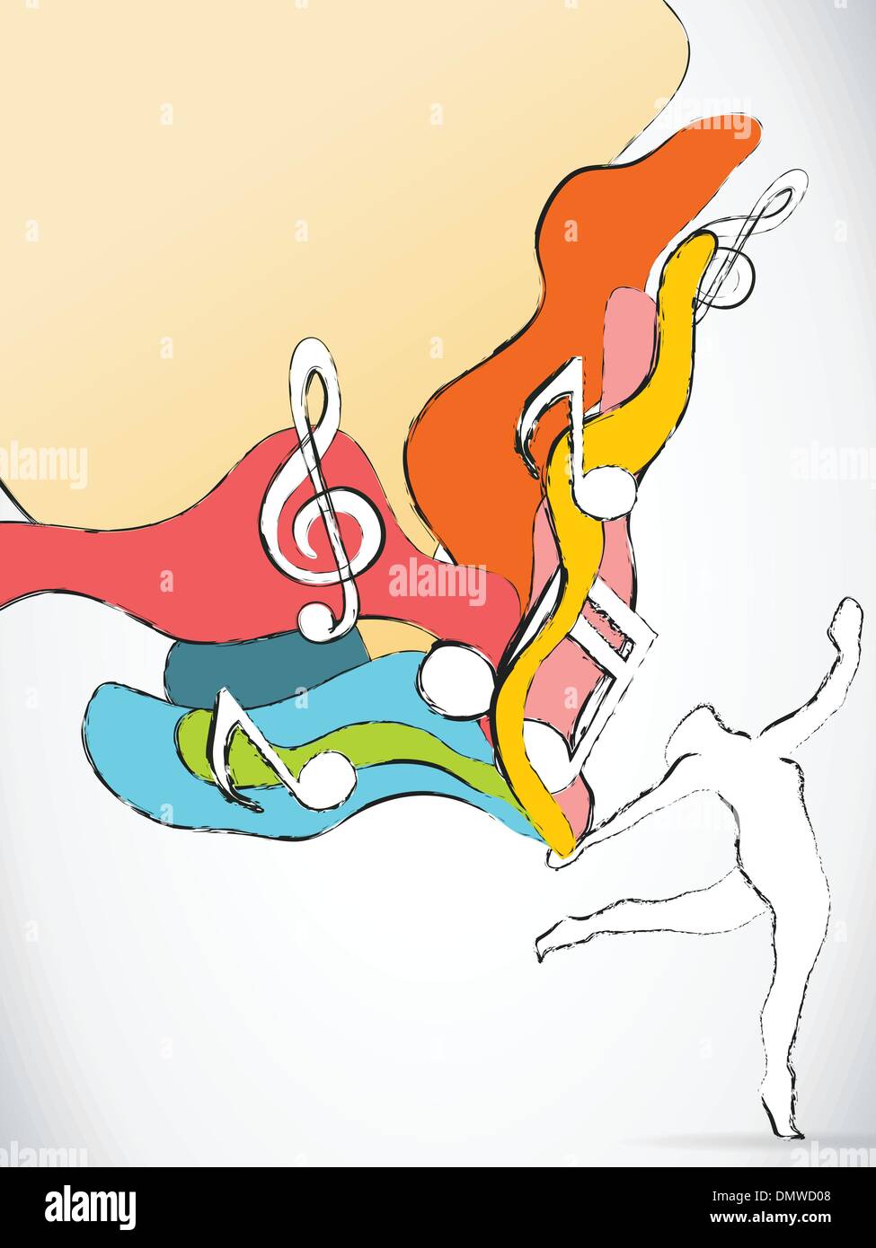 Dancer Silhouette with Colorful Waves and Music Notes Stock Vector ...