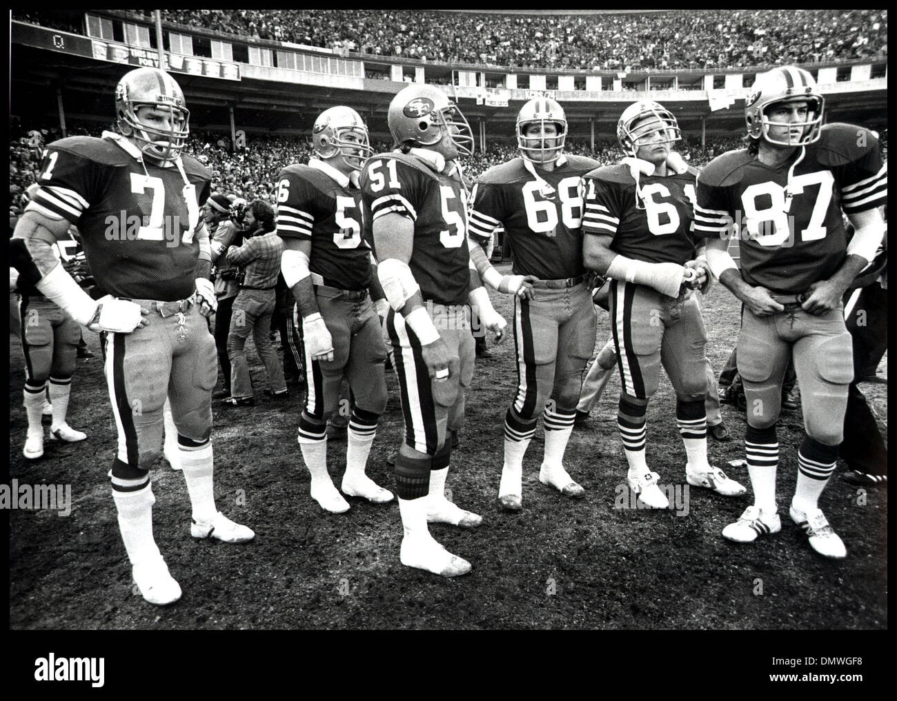Photo of a the offensive team of the 1981 49ers ready to take the field ...