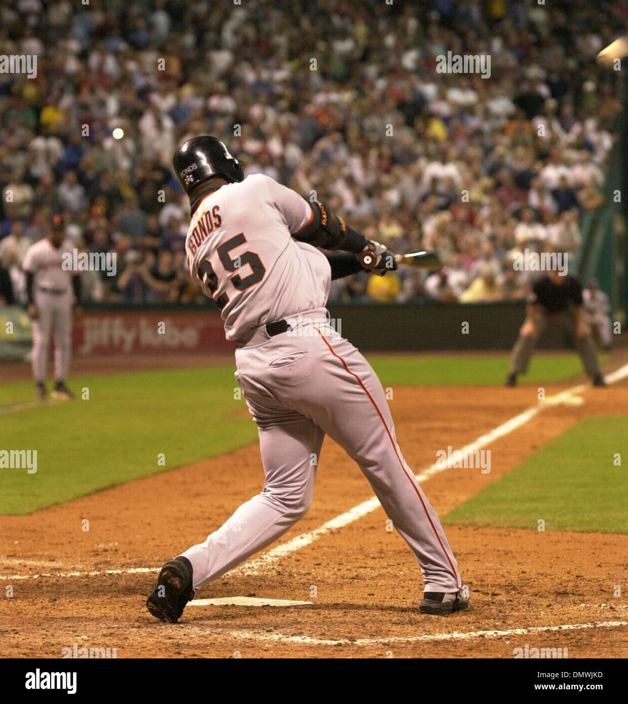 Oct 04, 2001; Houston, TX, USA; Barry Bonds lets fly his 70th home run ...