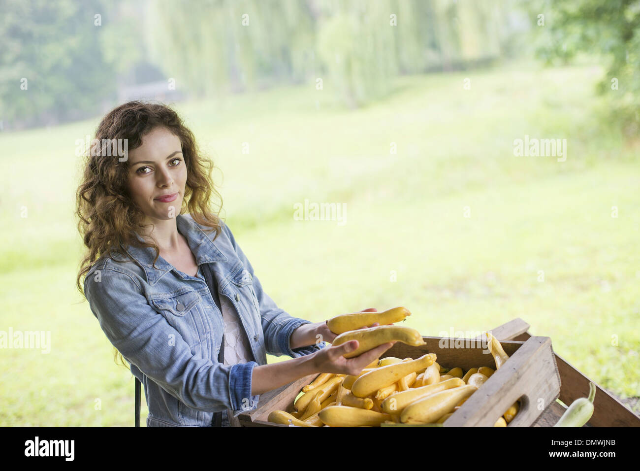 An organic fruit and vegetable farm. A young woman sorting vegetables ...