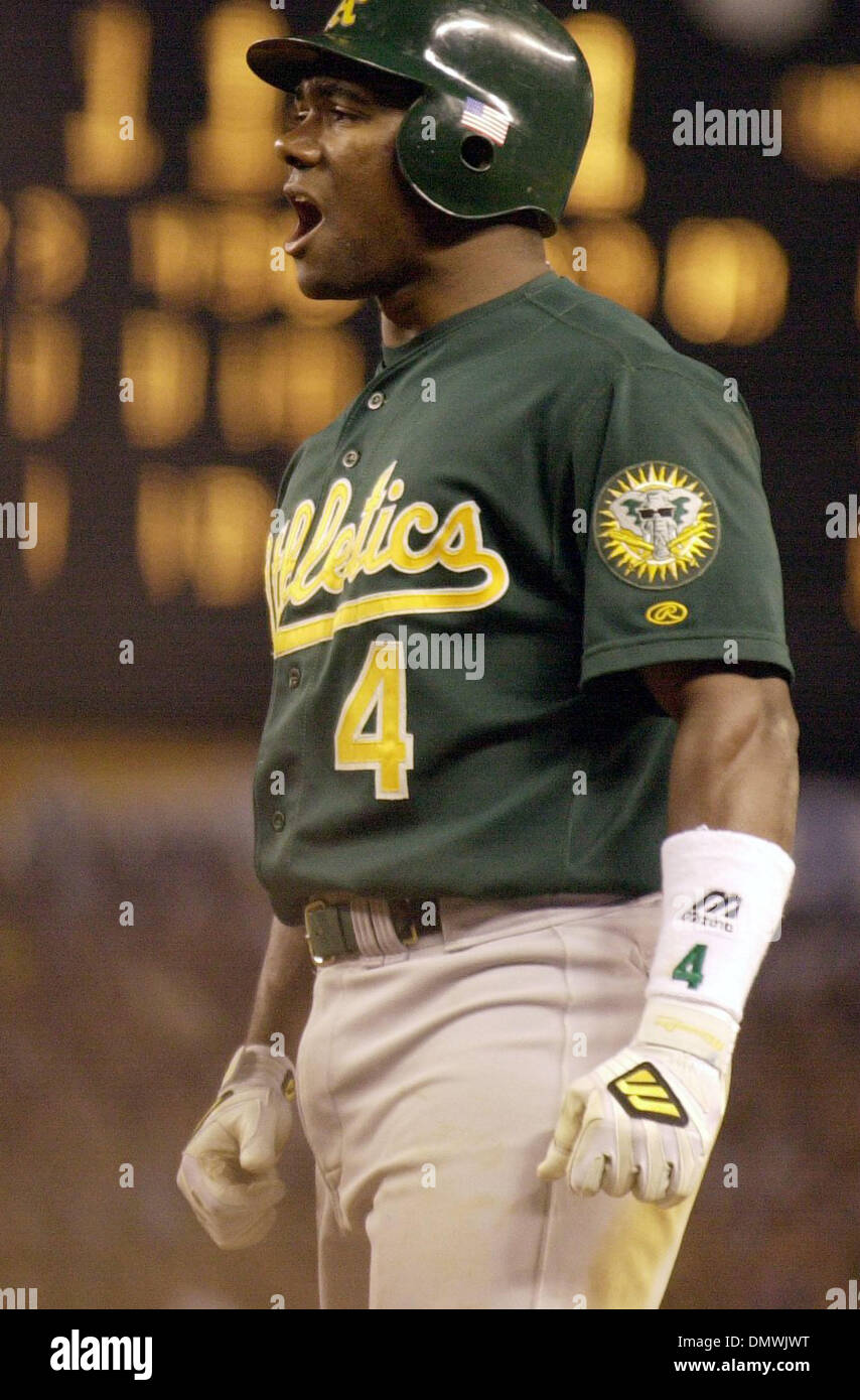 Oct 15, 2001; Bronx, NY, USA; Oakland A's Miguel Tejada, #4, reacts ...