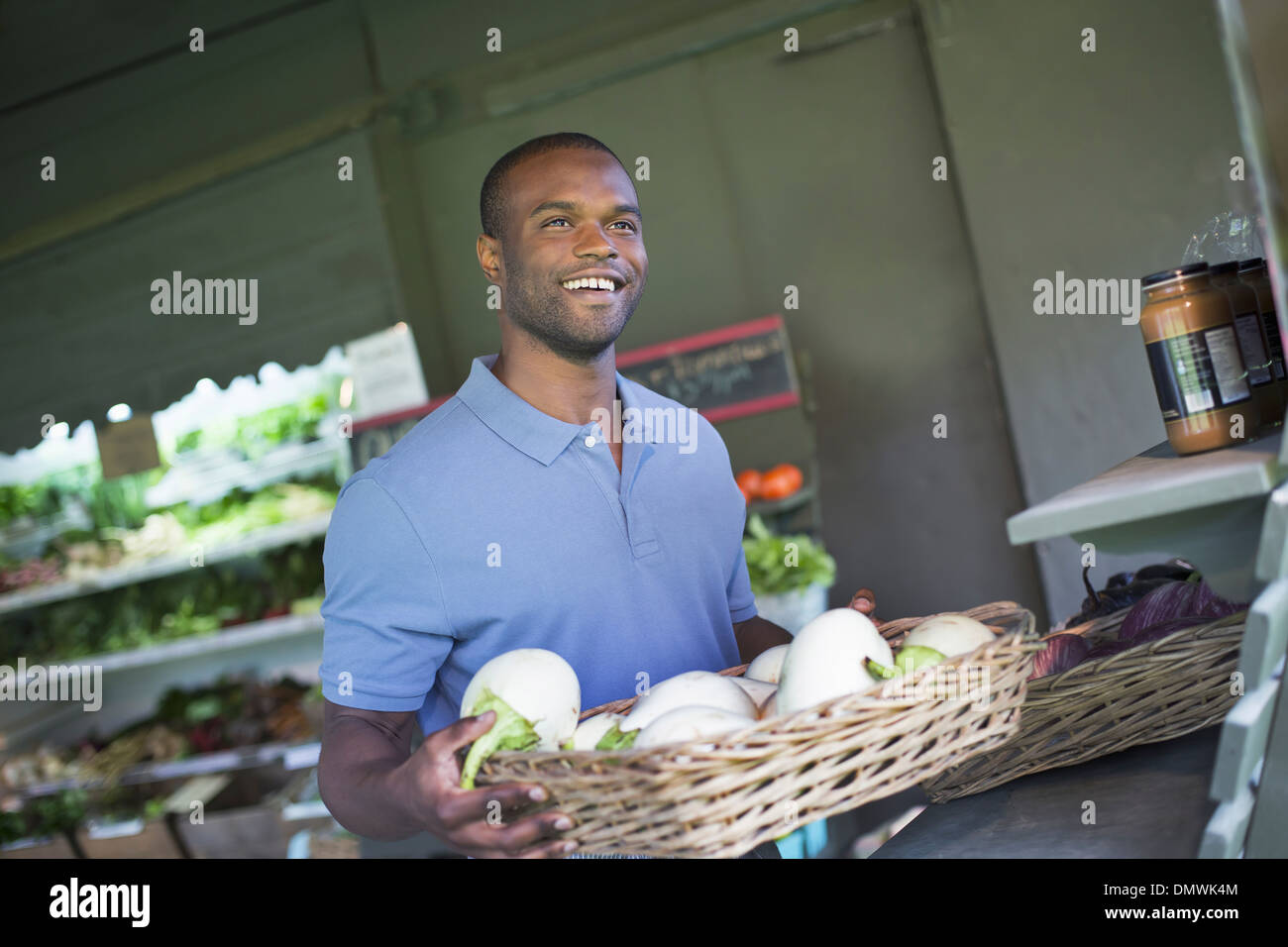 An organic fruit and vegetable farm. A man sorting vegetables Stock ...