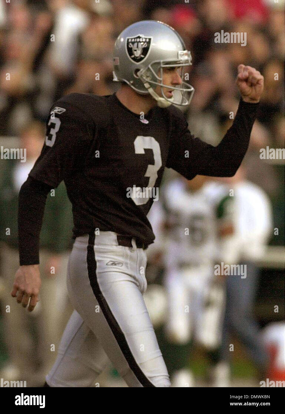 Jan 06, 2002; Oakland, CA, USA; Oakland Raider Brad Deluiso celebrates ...