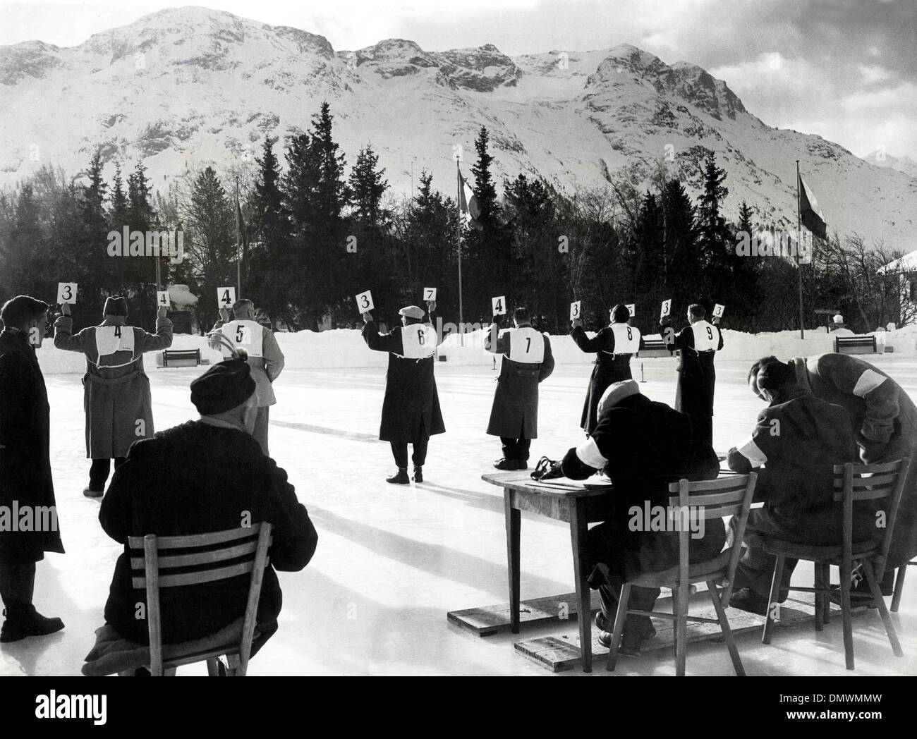 Jan 31, 1948; St. Moritz, SWITZERLAND; Judges hold up the score cards ...