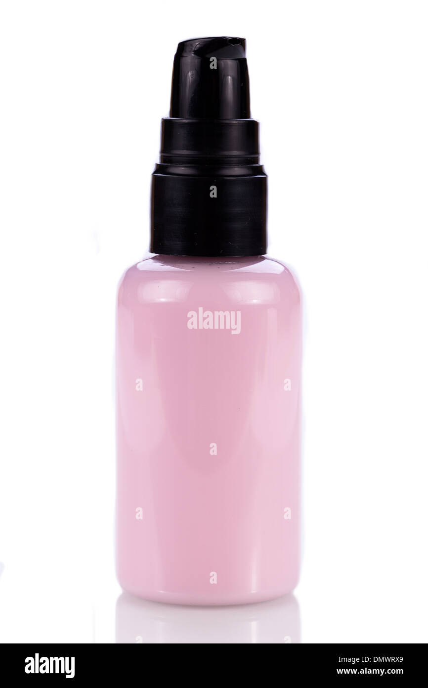 pink plastic bottle of cosmetic cream isolated on white product object ...