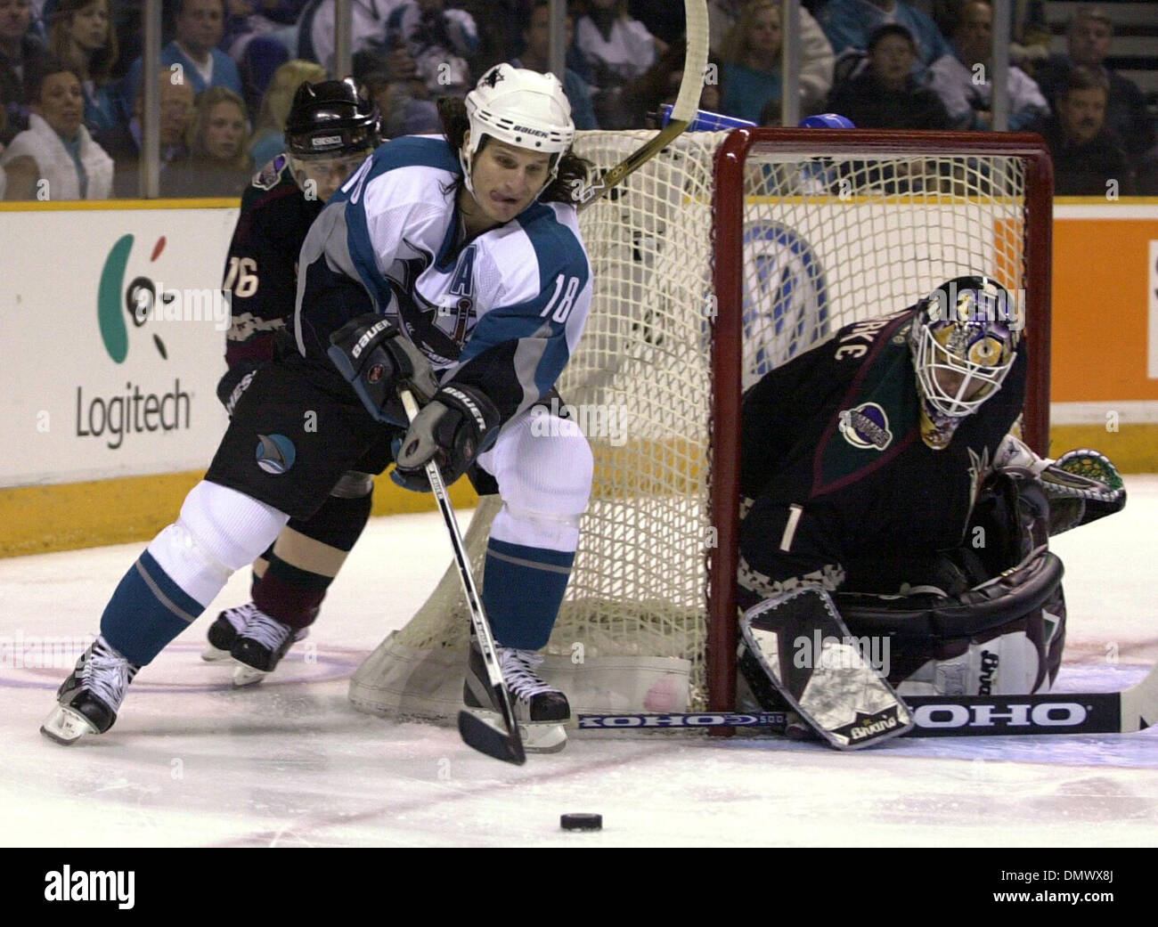 Apr 17, 2002; San Jose, CA, USA; Mike Ricci of the Sharks shoots a wrap ...