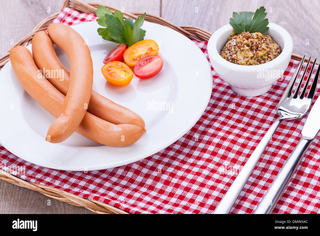 tasty traditional pork sausages frankfurter snack food on table Stock ...