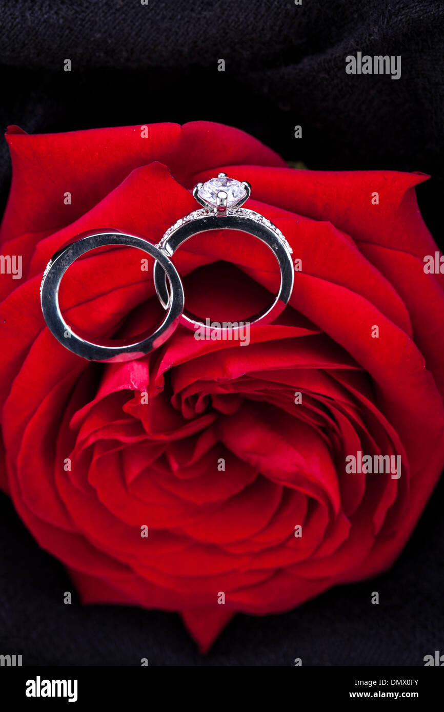 Overhead view of a diamond engagement ring nestling in the heart of a ...