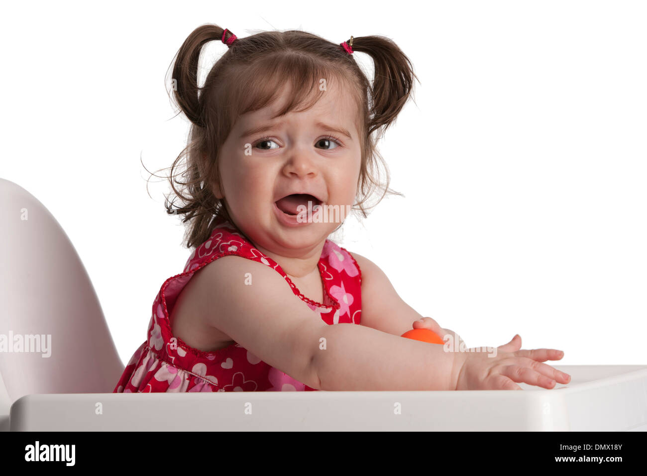 Baby girl is calling for her mother on white background Stock Photo - Alamy