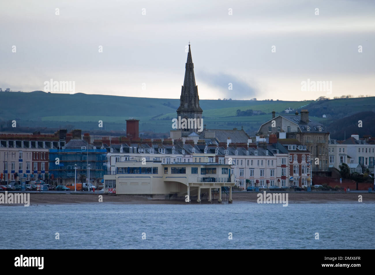 Weymouth seafront with church spire in the near background Stock Photo ...