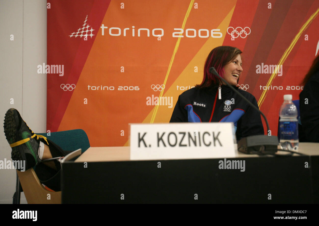 Feb 09, 2006; Turin, Italy; Kristina Koznick laughs after propping her ...