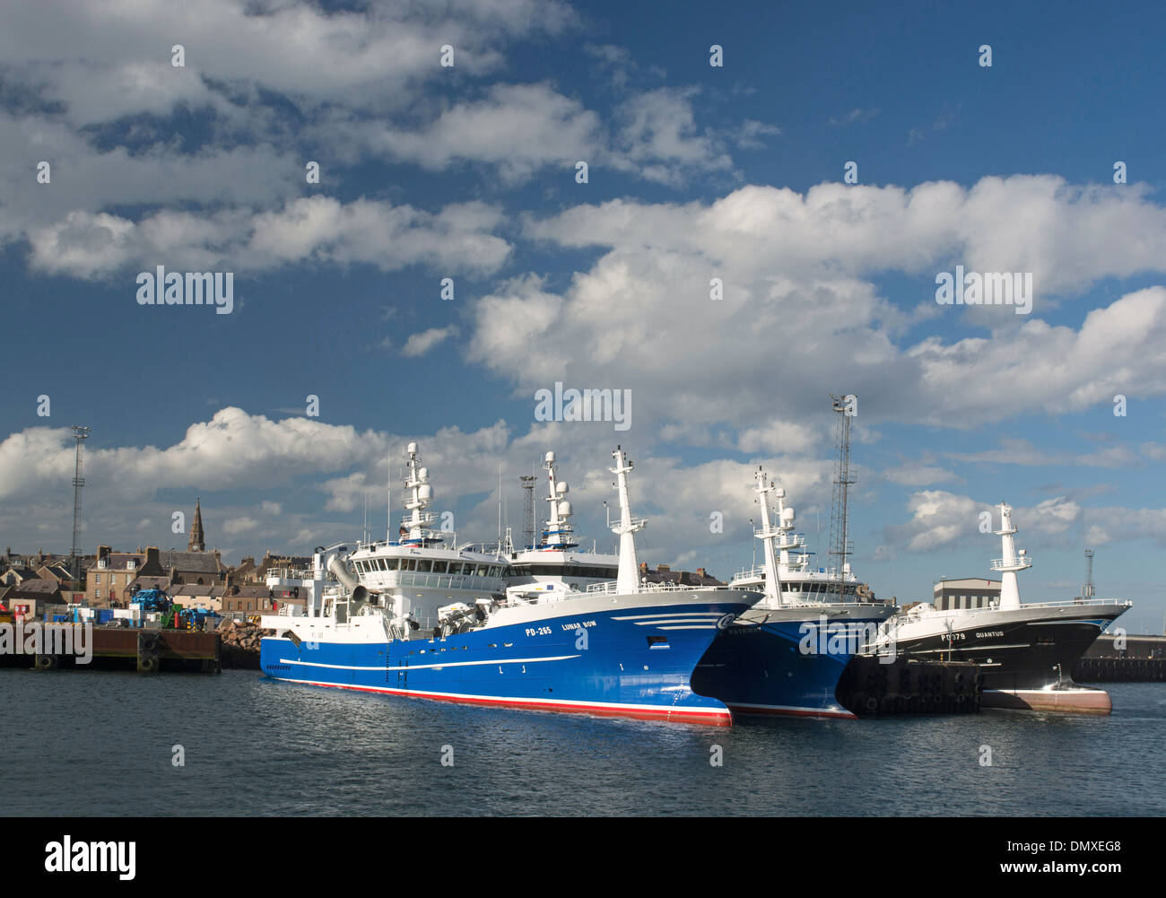 peterhead port with trawler in aberdeenshire on coast with harbour ...