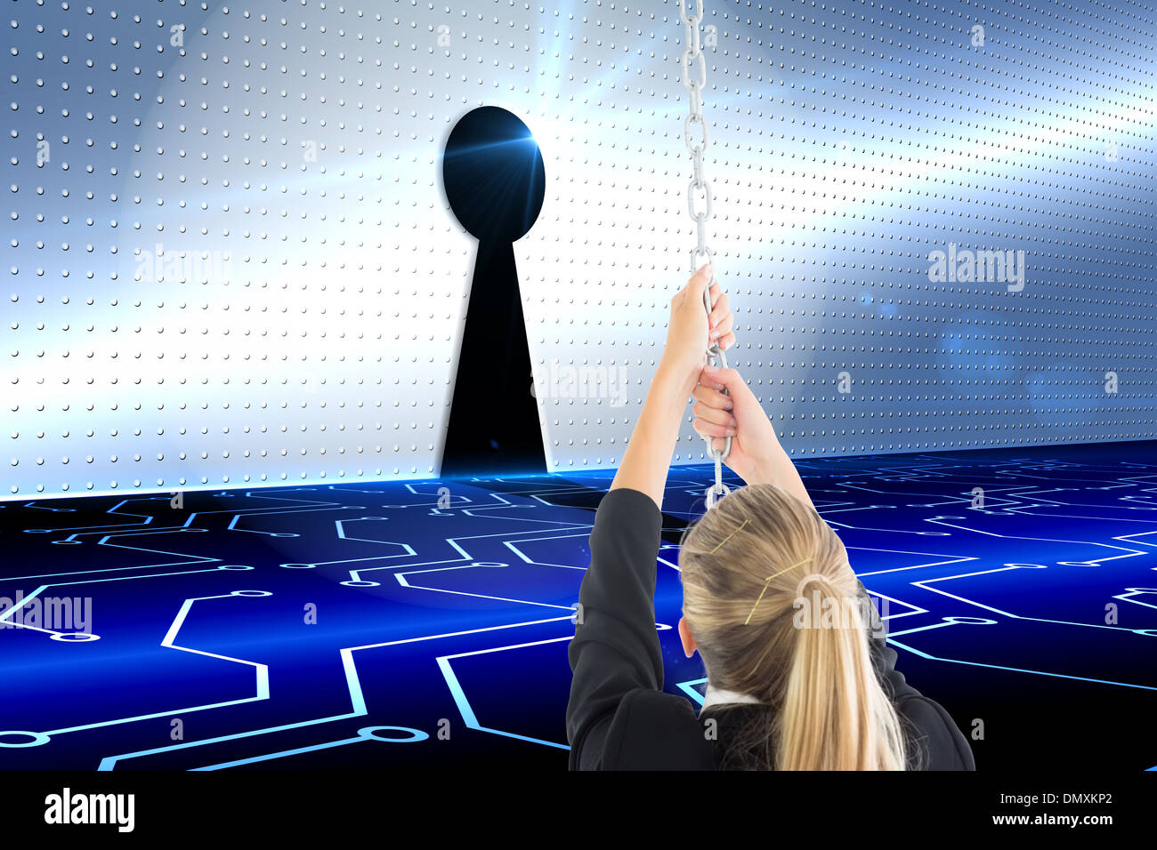 Composite image of businesswoman pulling a chain Stock Photo - Alamy