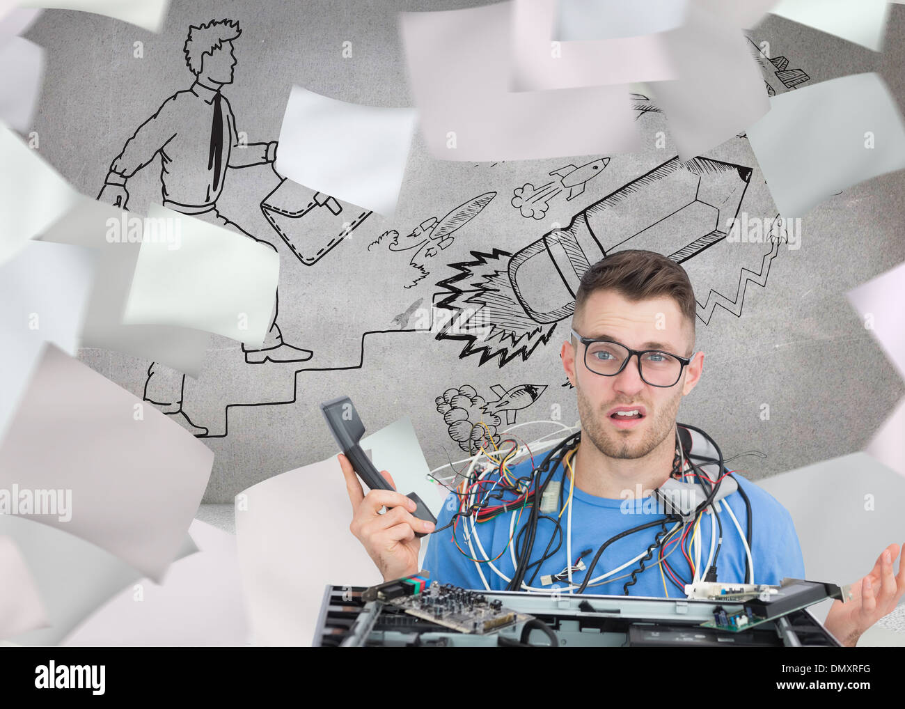 Composite image of confused it professional with cables and phone in ...