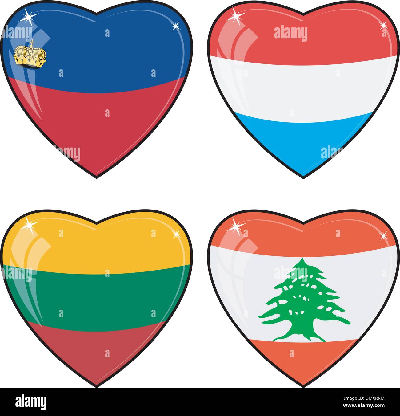 Set of vector images of hearts with the flags of Lebanon, Luxem Stock ...