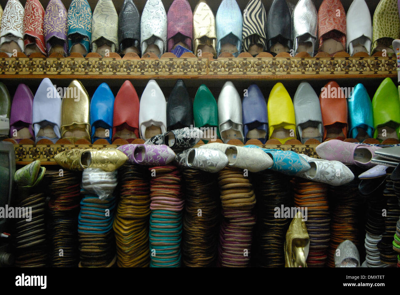 Colourful bejeweled slippers at the Souk at Marrakech, the largest ...
