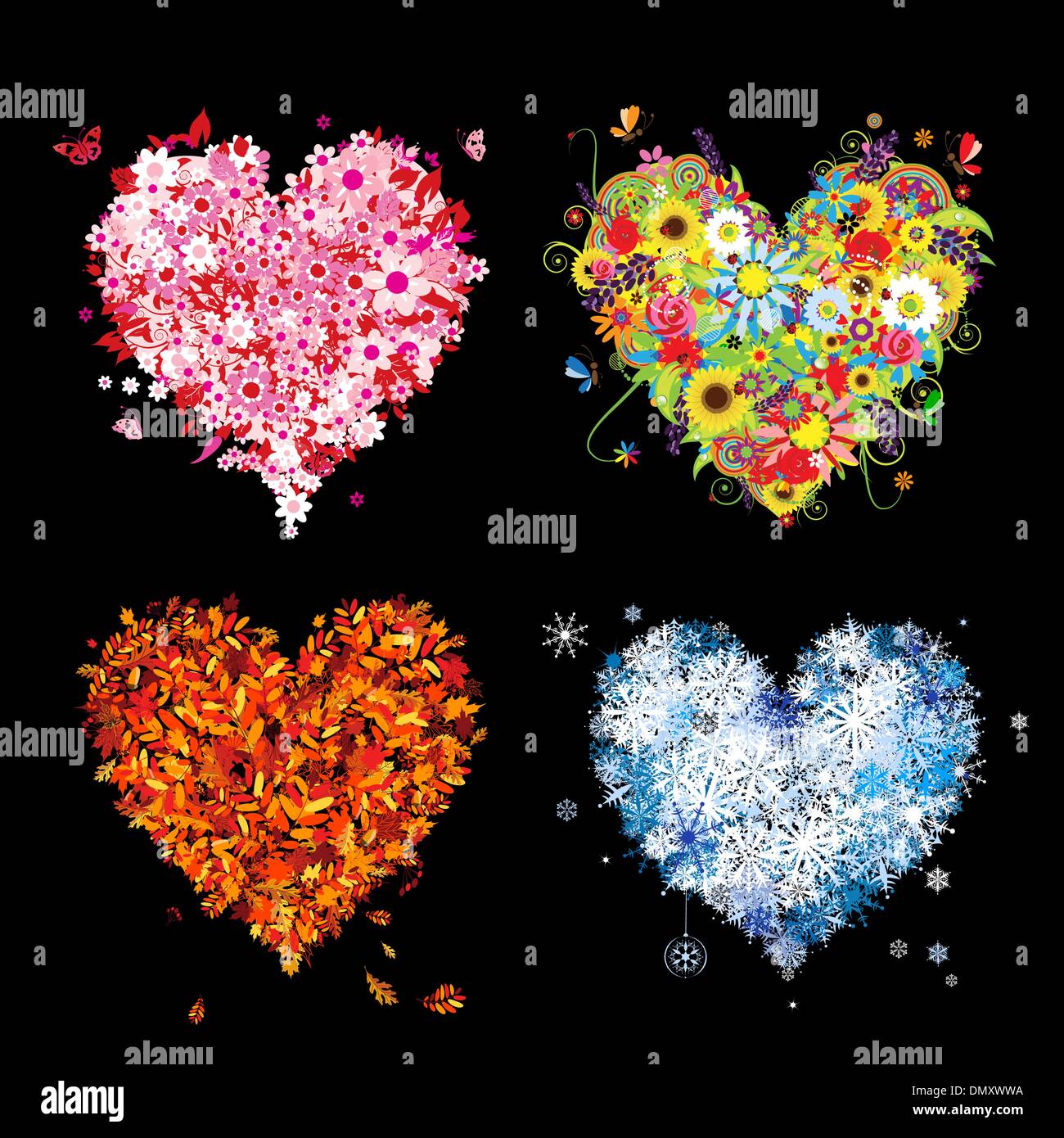 Four seasons - spring, summer, autumn, winter. Art hearts beautiful for ...