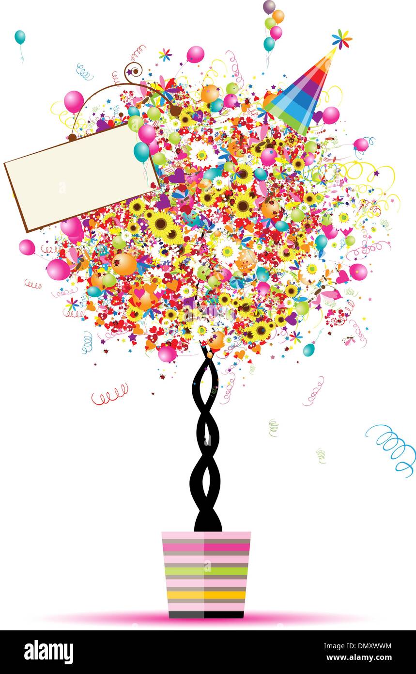 Happy holiday, funny tree with balloons in pot for your design Stock ...