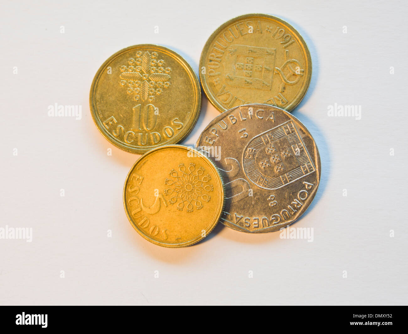 Coins on white background old Portuguese escudos 5,10 20 value Stock ...