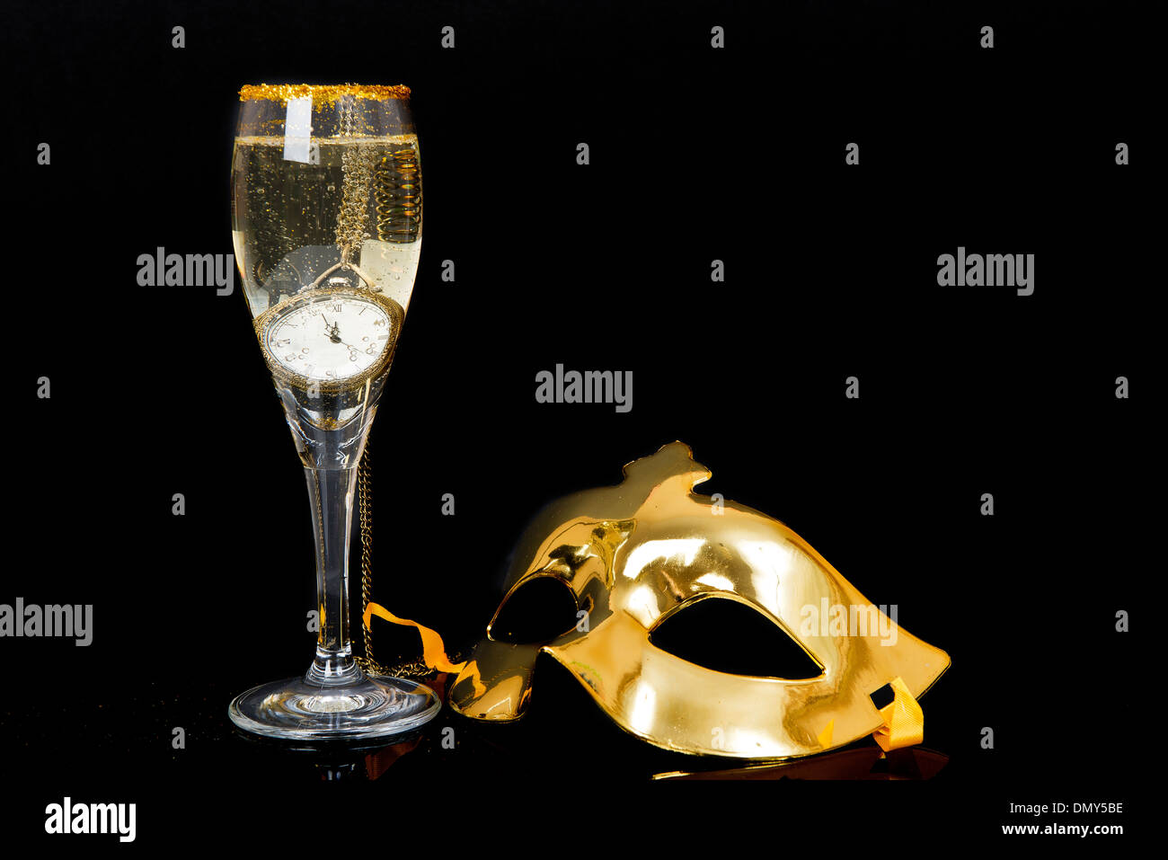 venetian mask, glass of champagne and watch inside Stock Photo - Alamy