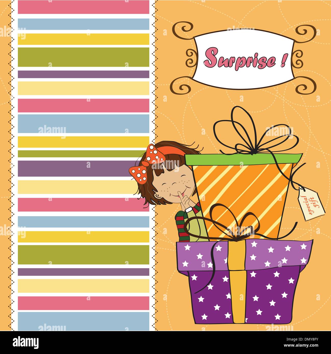 cute little girl hidden behind boxes of gifts. happy birthday greeting ...