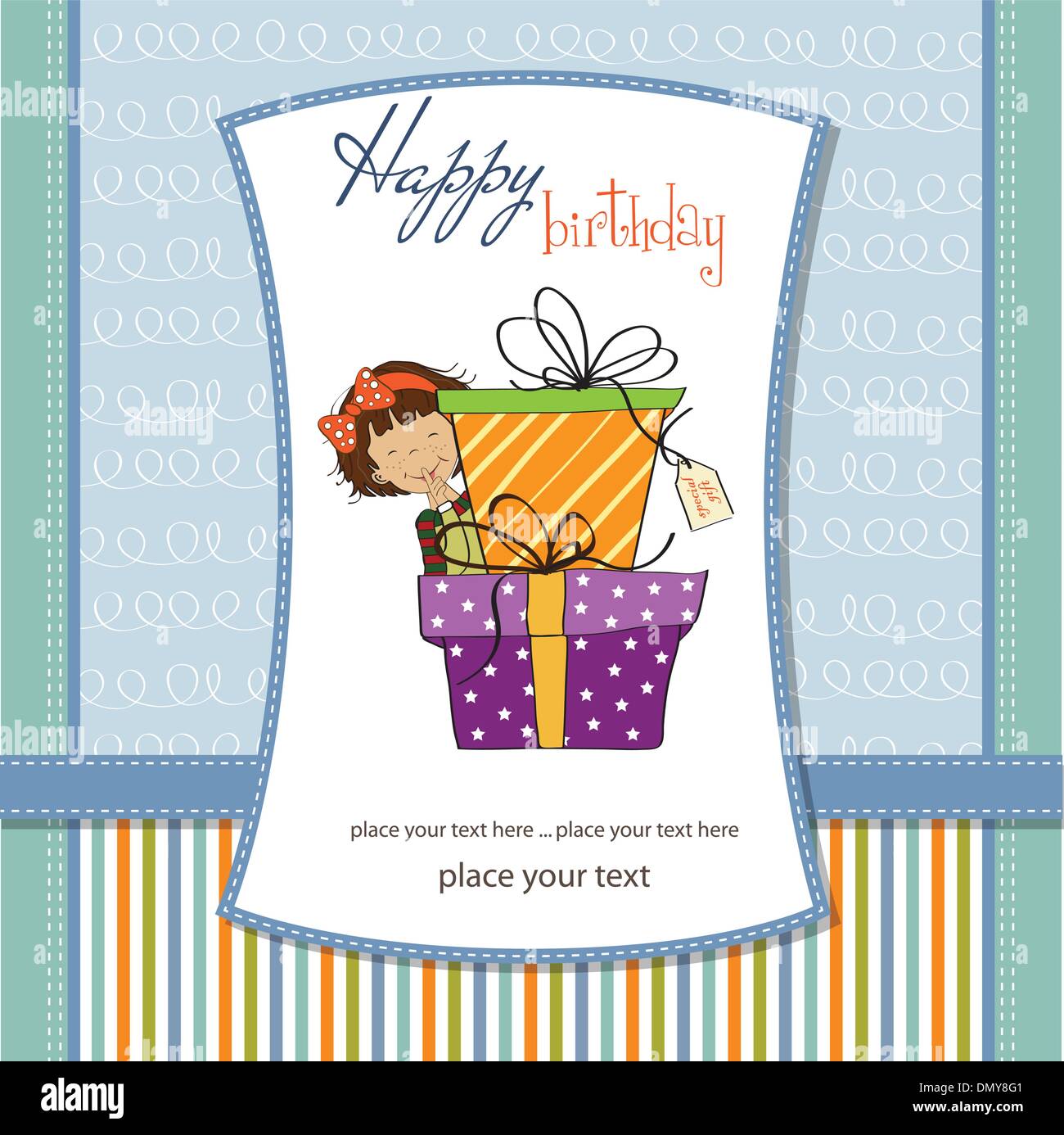 cute little girl hidden behind boxes of gifts. happy birthday greeting ...