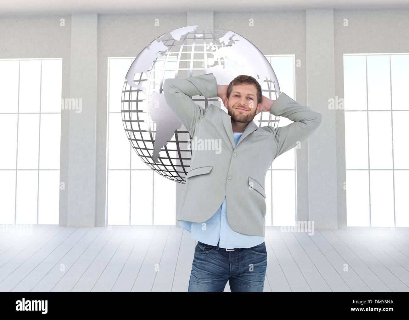 Composite image of suave man in a blazer with hands behind head looking ...