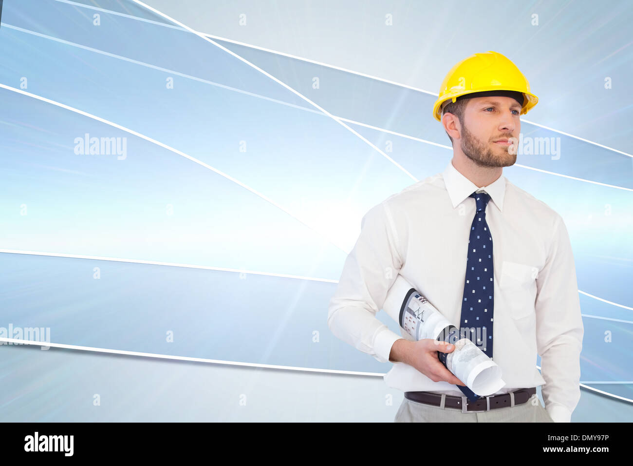 Composite image of young architect posing with hard hat and plan Stock ...