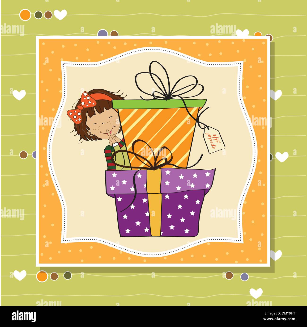 cute little girl hidden behind boxes of gifts. happy birthday greeting ...