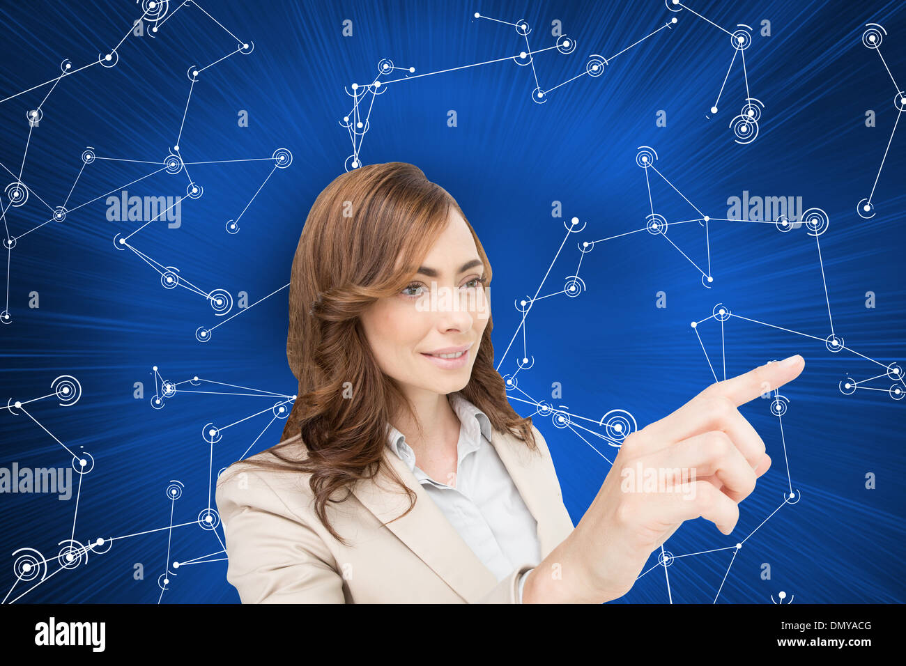 Composite image of businesswoman pressing an invisible key Stock Photo ...
