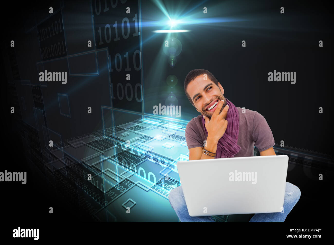 Composite image of thinking man sitting on floor using laptop and ...