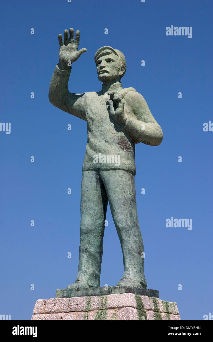 Europe; Greece; Peloponnese; Gythio, port, monument to the seaman Stock ...