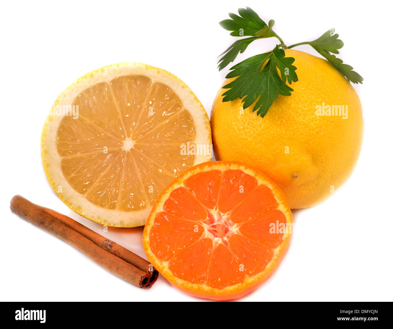Lemon, mandarin, cinnamon and parsley isolated on white background ...