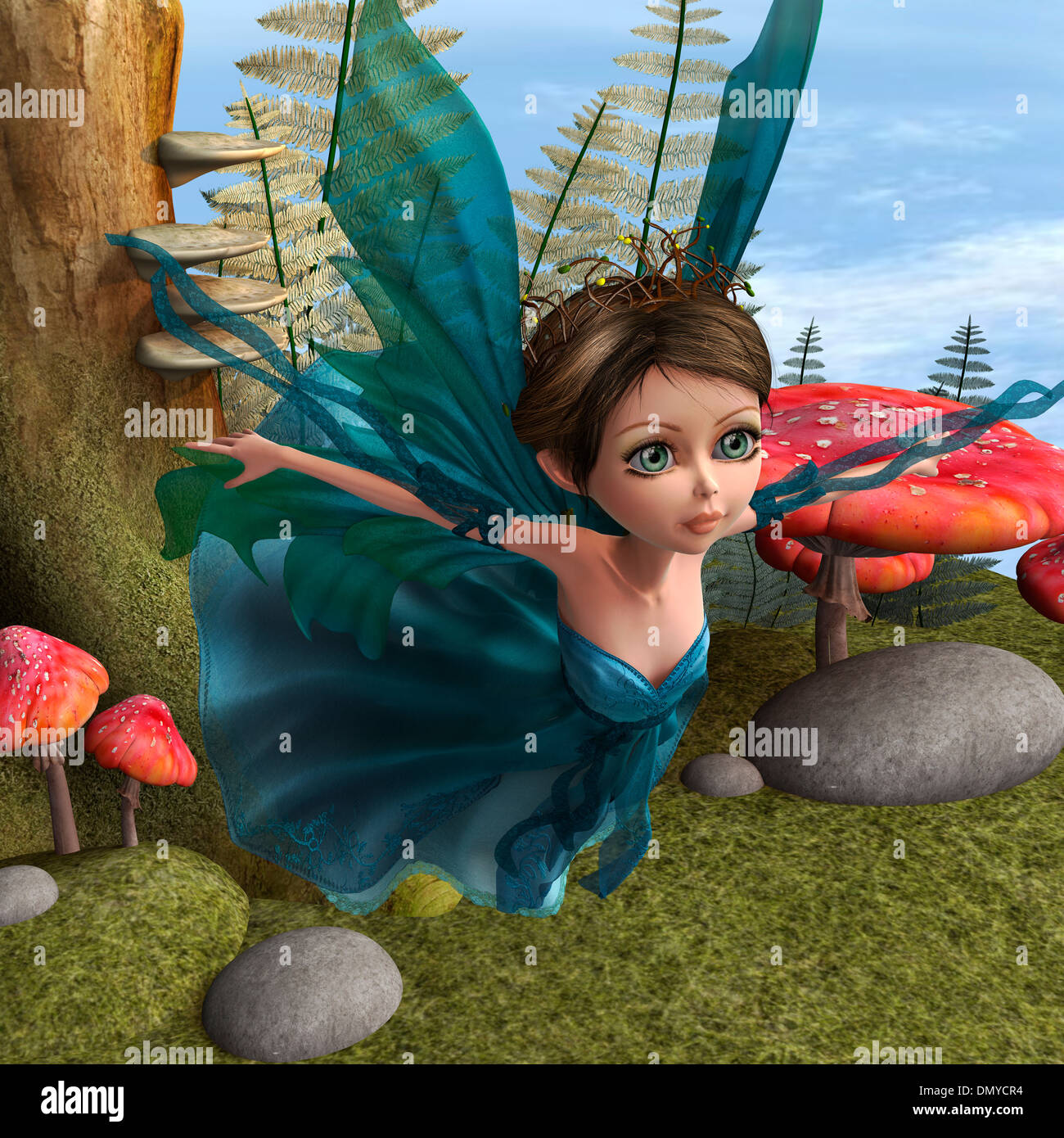 3D digital render of a beautiful flying little fairy butterfly in a ...