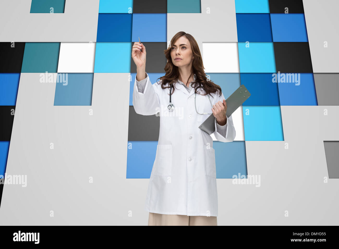 Composite image of stern brunette doctor pointing Stock Photo - Alamy