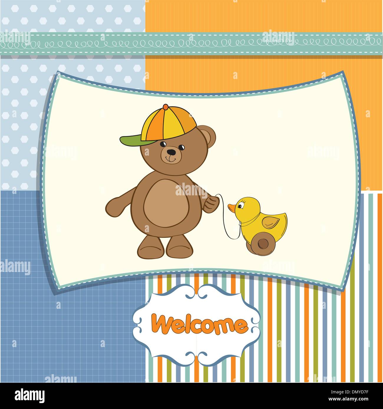 welcome baby card with boy teddy bear and his duck Stock Vector Image ...