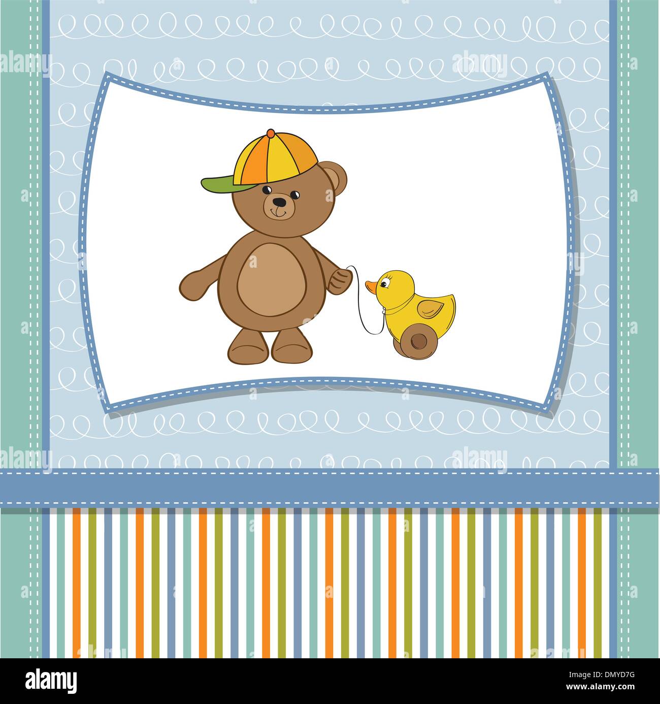 welcome baby card with boy teddy bear and his duck Stock Vector Image ...