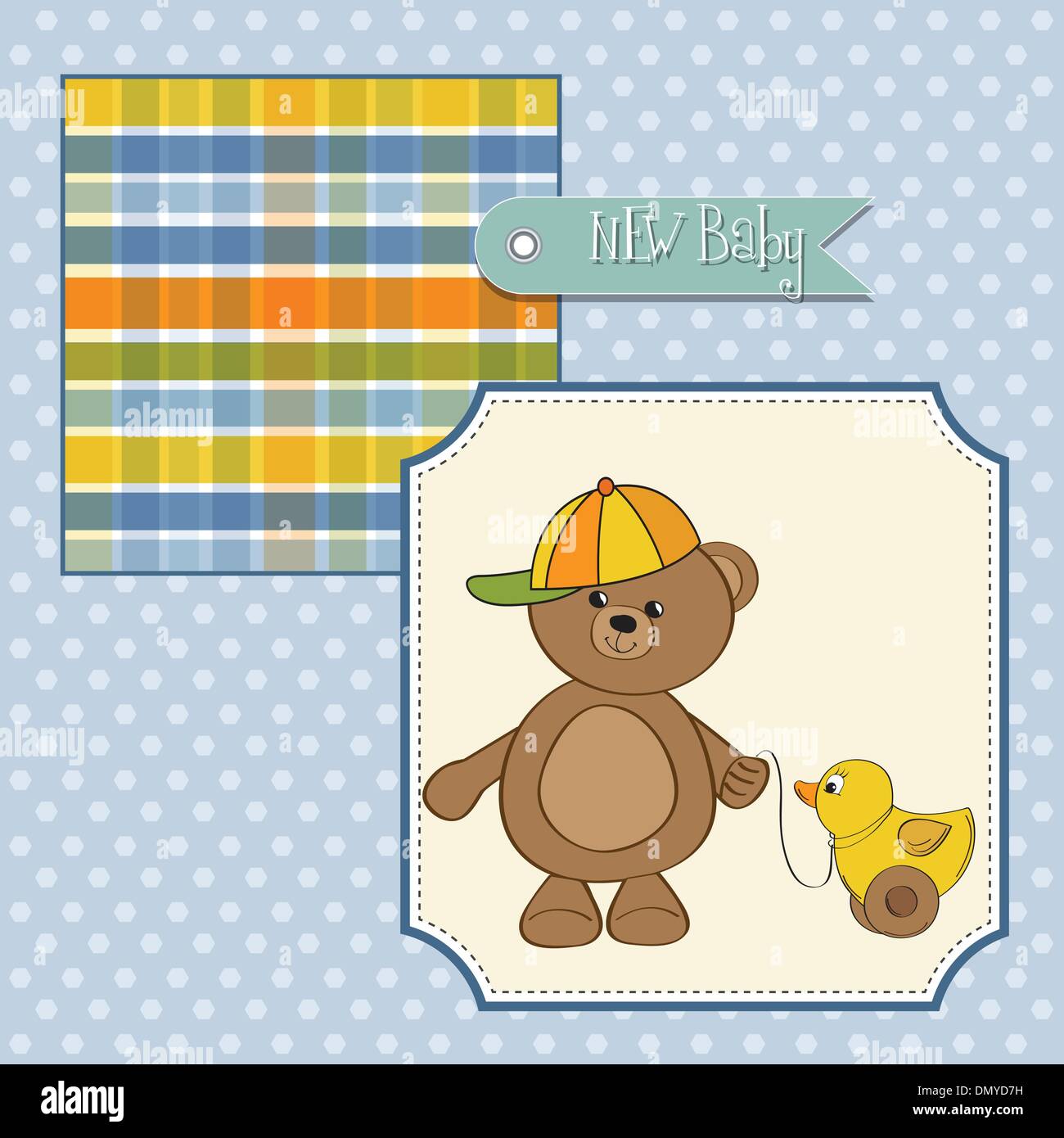 welcome baby card with boy teddy bear and his duck Stock Vector Image ...