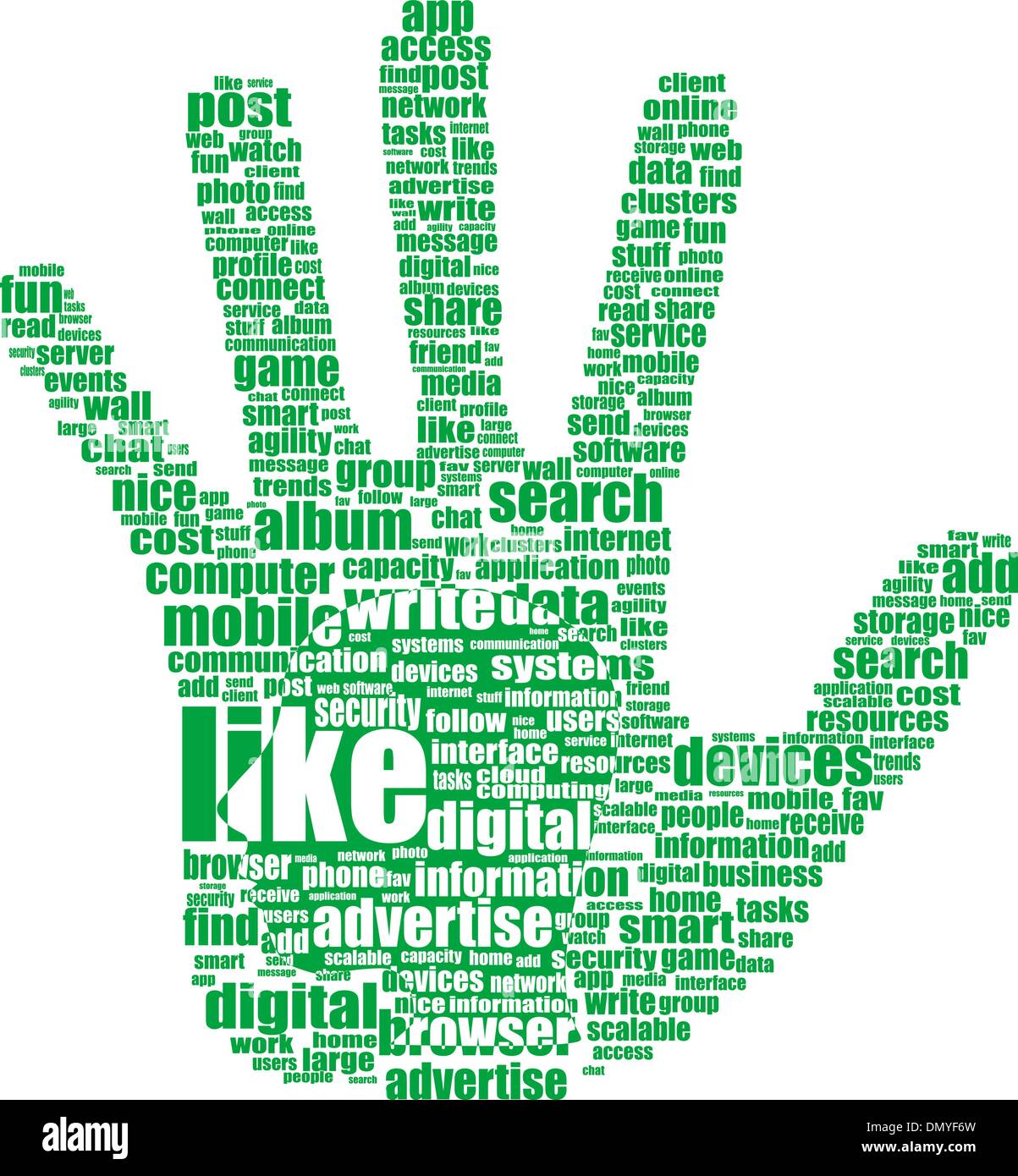 Hand symbol, composed of text keywords on social media themes Stock ...