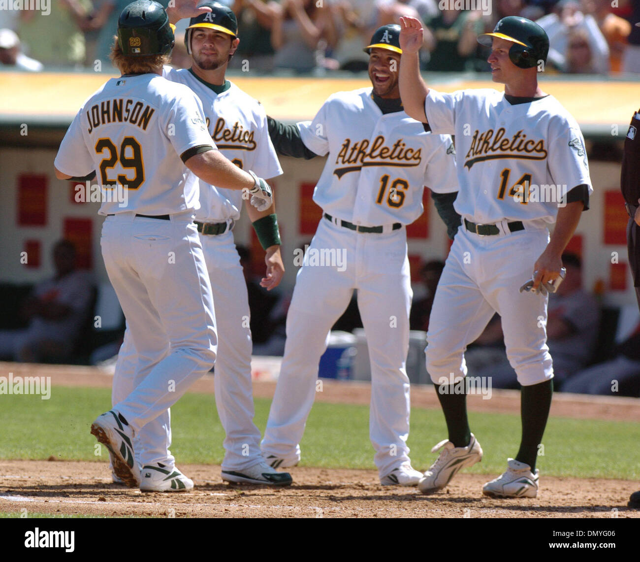 Sep 03, 2006; Oakland, CA, USA; Oakland Athletics Dan Johnson steps on ...