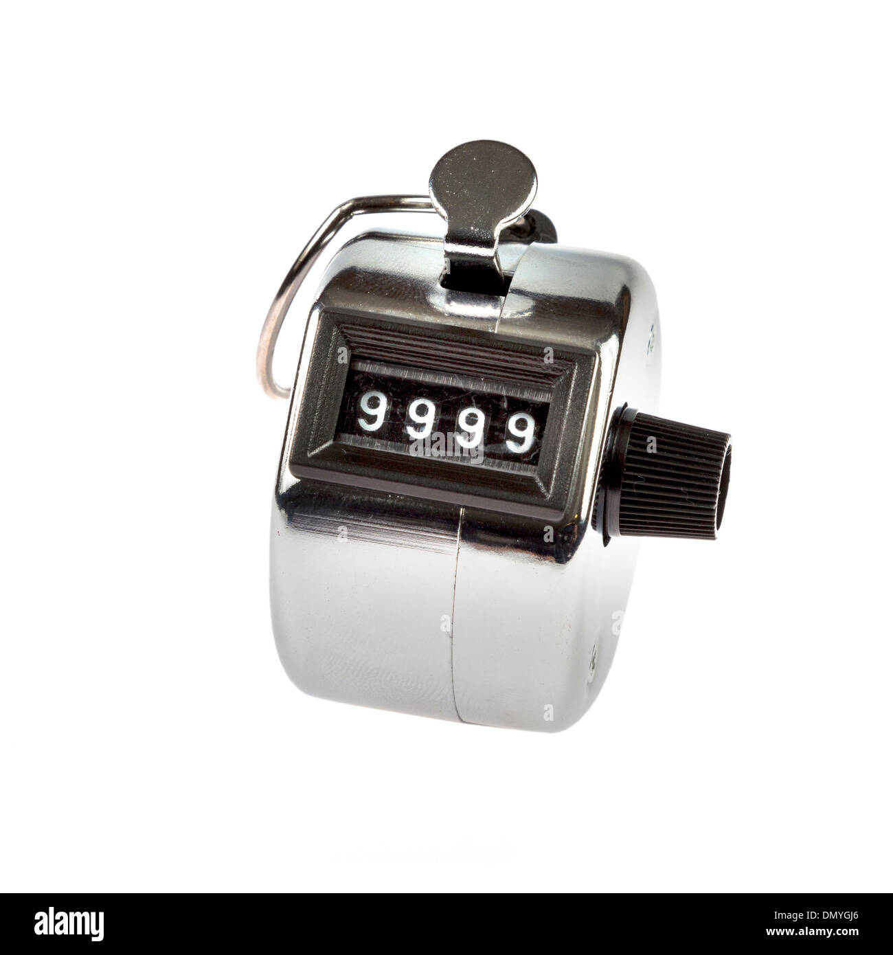 Hand held tally counter showing 9999 isolated on white background Stock ...