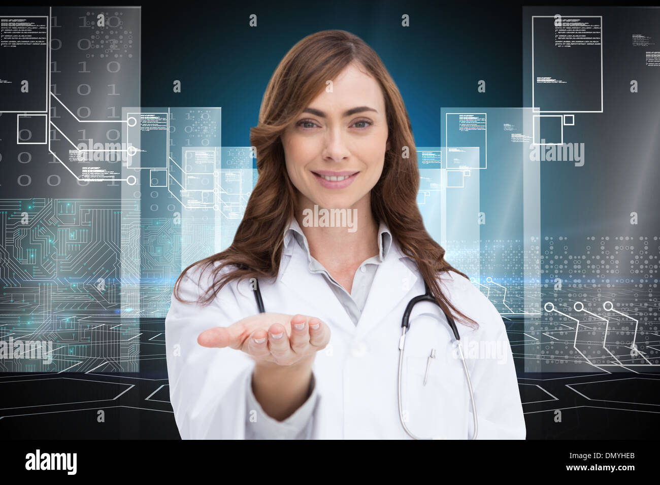 Composite image of portrait of female nurse holding out open palm Stock ...