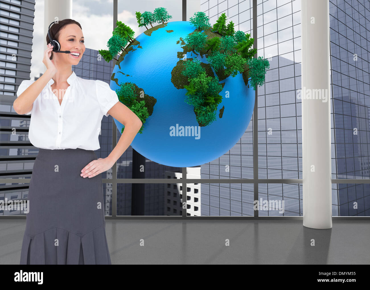 Composite image of cheerful smart call center agent working Stock Photo ...