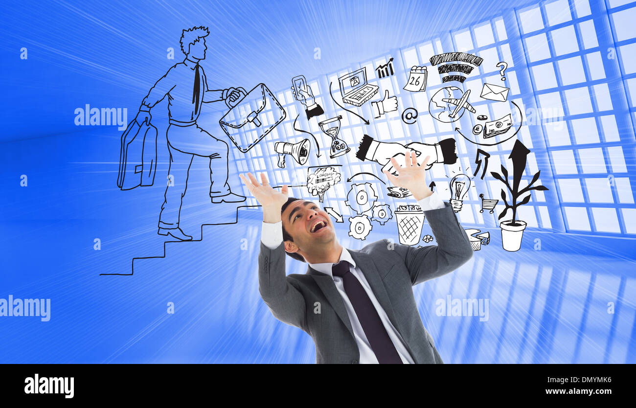 Composite image of scared businessman with arms raised Stock Photo - Alamy