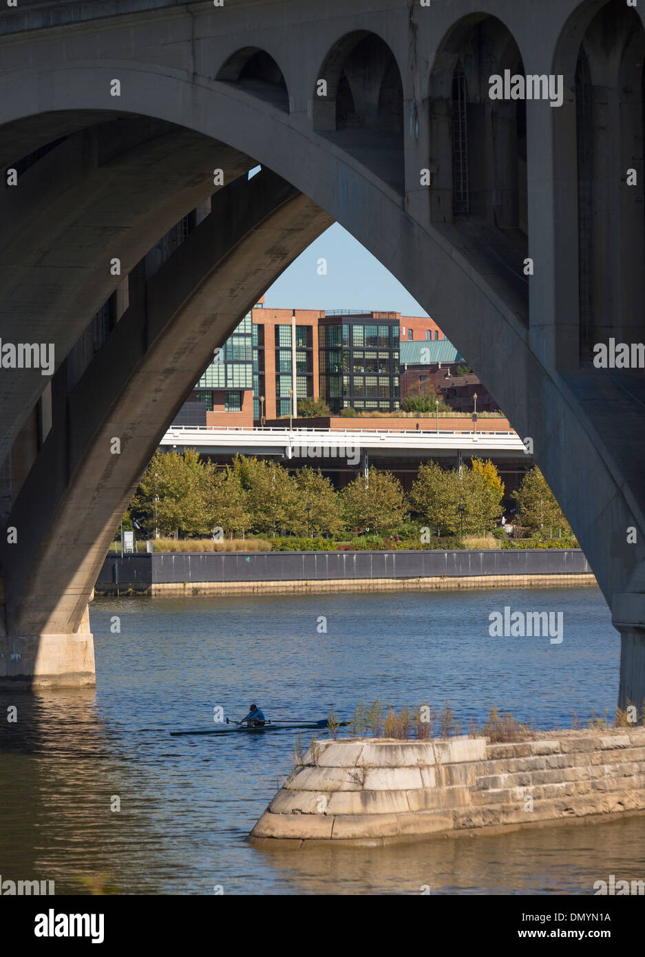 WASHINGTON, DC, USA - Key Bridge and rower on Potomac River Stock Photo ...