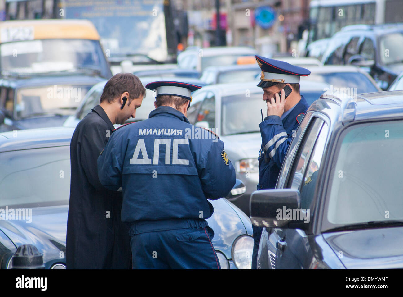 Russia, St Petersburg, Russian traffic police check driver's details on ...