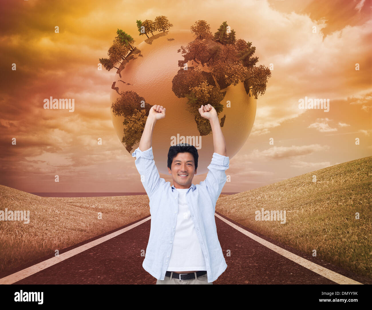 Composite image of cheering male with arms up Stock Photo - Alamy