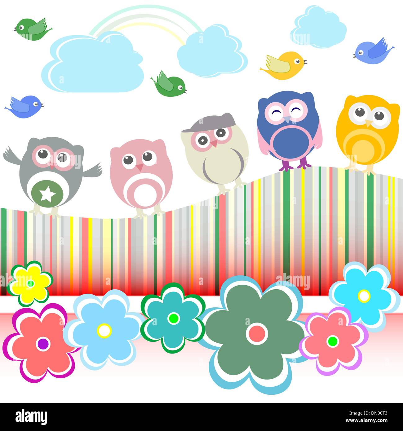 Vector set - owls, birds, flowers, cloud and rainbow Stock Vector Image ...